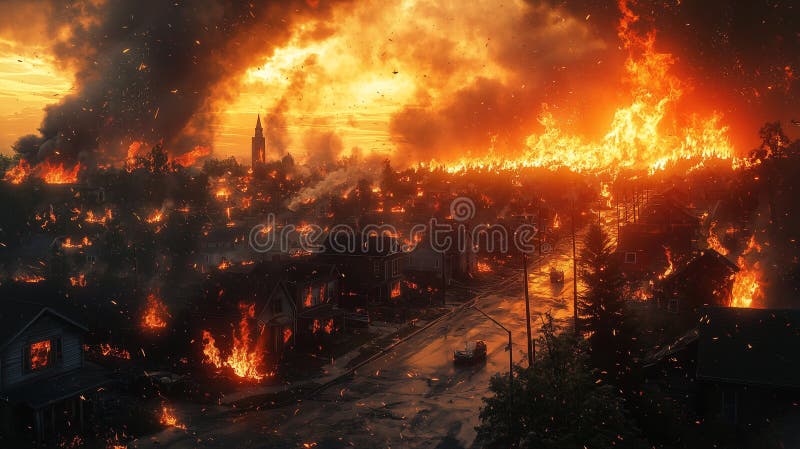 Devastating Wildfire Engulfs Homes and Landscape during Sunset in a ...