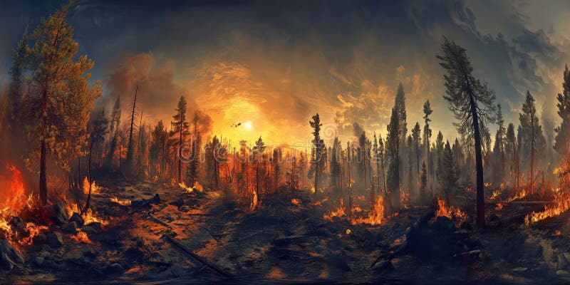 Devastating Wildfire Landscape Fiery Flames Smoke Charred Trees ...