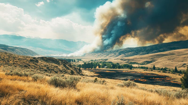 Devastating Wildfire Spreads Across Dry Grassy Plain with Thick Smoke ...