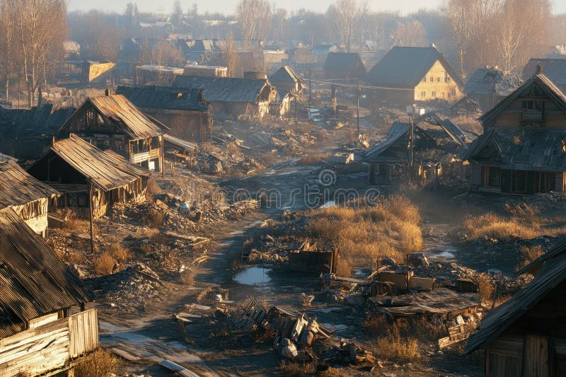 Devastation in an Abandoned Village during Early Morning Light in a ...