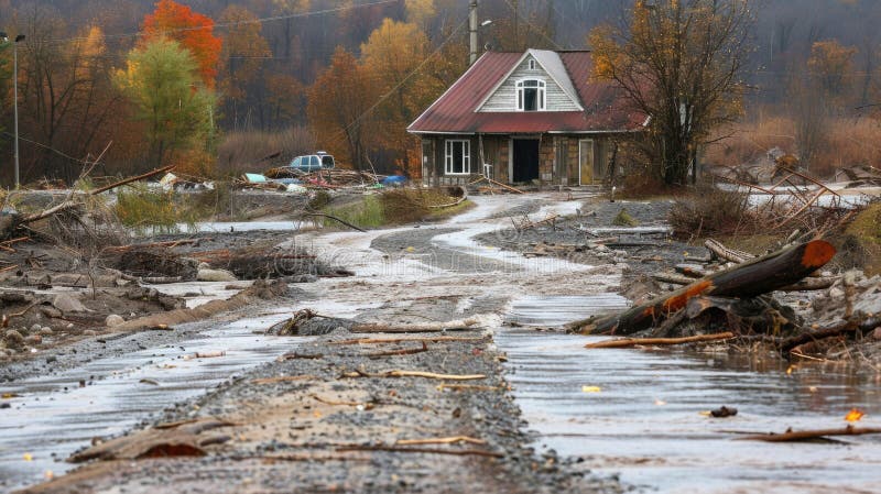 Devastation after Flood: Broken Road and Destroyed Homes Stock Image ...