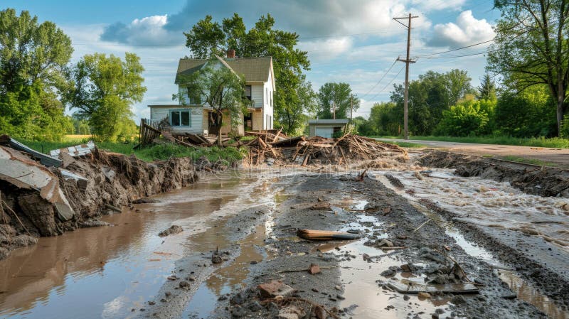 Devastation after Flood: Broken Road and Destroyed Homes Stock Image ...