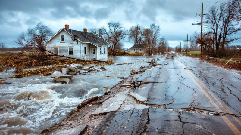 Devastation after Flood: Broken Road and Destroyed Homes Stock Image ...