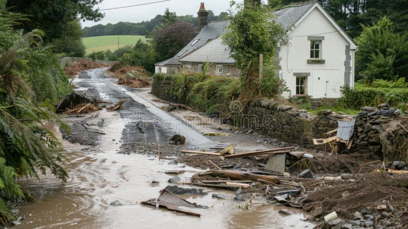 Devastation after Flood: Broken Road and Destroyed Homes Stock Image ...