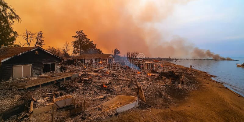 Devastation of Forest Fire with Smoke and Ruined Buildings by Lakeside ...