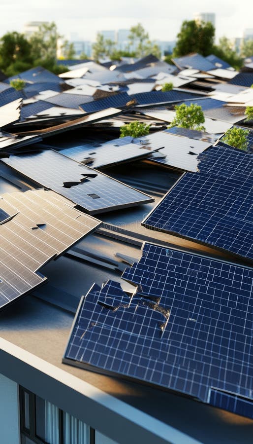 Devastation of Industrial Roof Shattered Solar Panels after Powerful ...