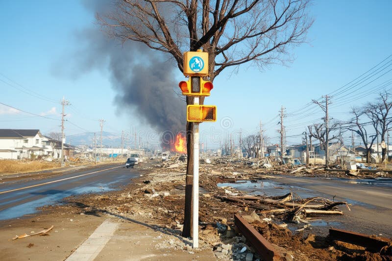 Devastation: Post-Disaster Scene with Traffic Light, Smoke, and ...