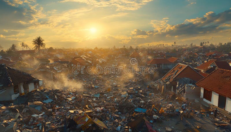 Devastation at Sunset Aerial View of Village Destroyed, Rubble and ...