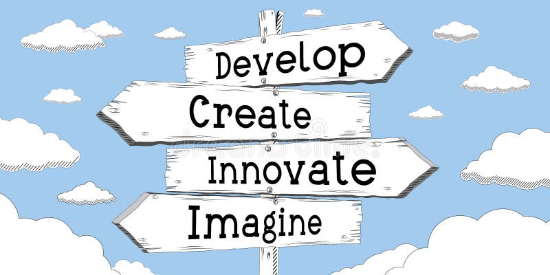 Develop, Create, Innovate, Imagine - Outline Signpost with Four Arrows ...
