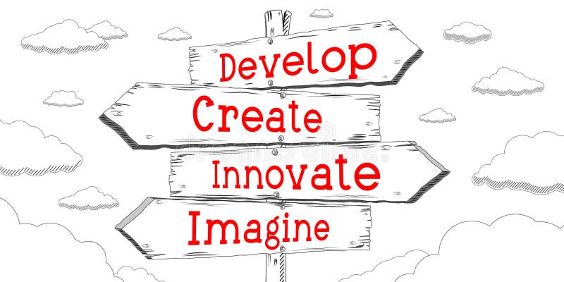 Develop, Create, Innovate, Imagine - Outline Signpost with Four Arrows ... Develop, Create, Innovate, Imagine - Outline Signpost with Four Arrows ...