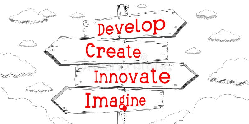 Develop, Create, Innovate, Imagine - Outline Signpost with Four Arrows ...