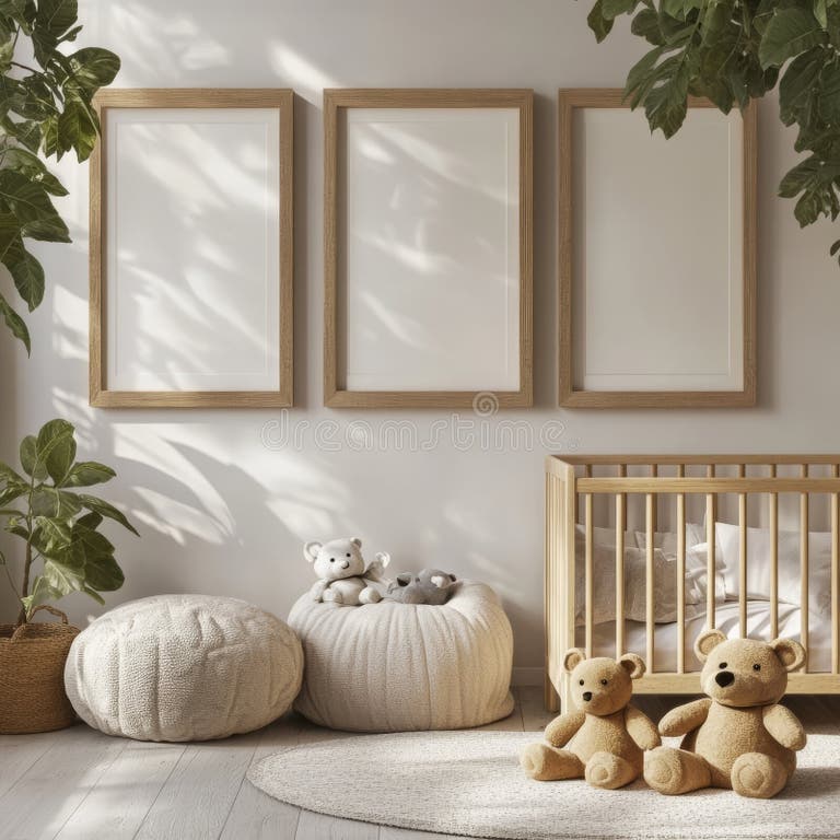 Develop a Mockup of a Kids Bedroom Showcasing Three Portrait Frames of Equal Size, Utilizing ...