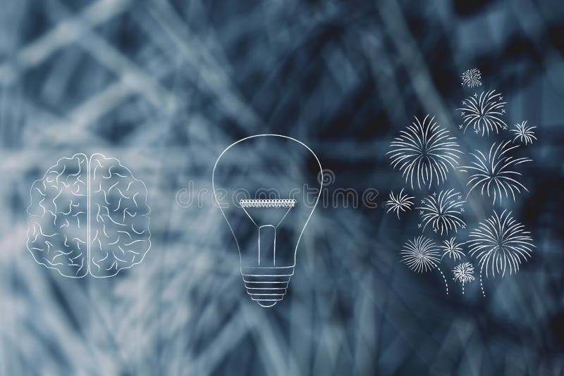Brain Next To Light Bulb and Fireworks, New Ideas Conceptual Ill Stock ...