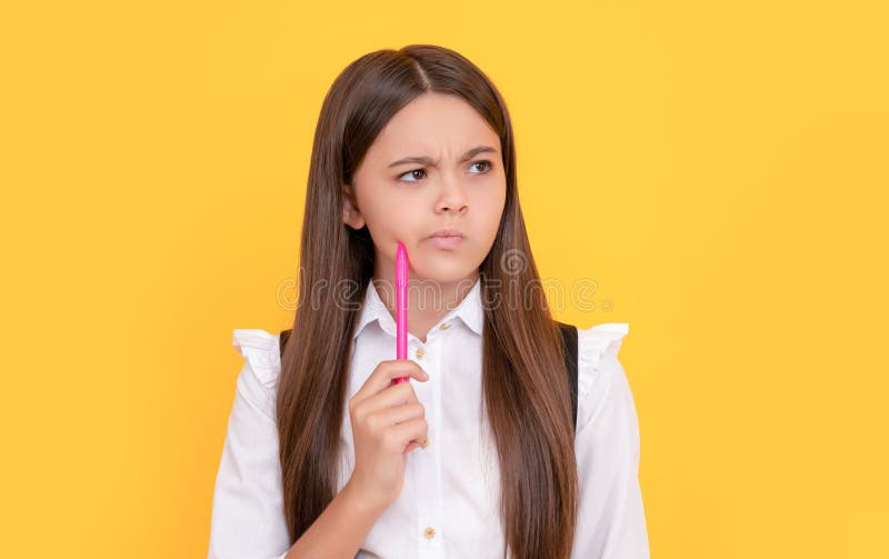 Develop New Thinking. Thoughtful Girl Child Yellow Background. School ...