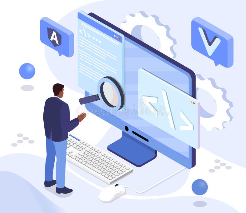 Developer Analyzing Code on Screen. Vector Illustration Stock Vector - Illustration of ...