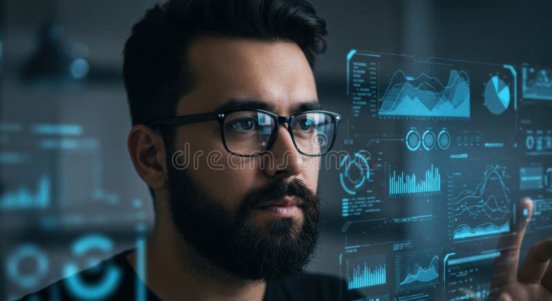 Developer Analyzing Complex Data on a Transparent Screen, Technology ...