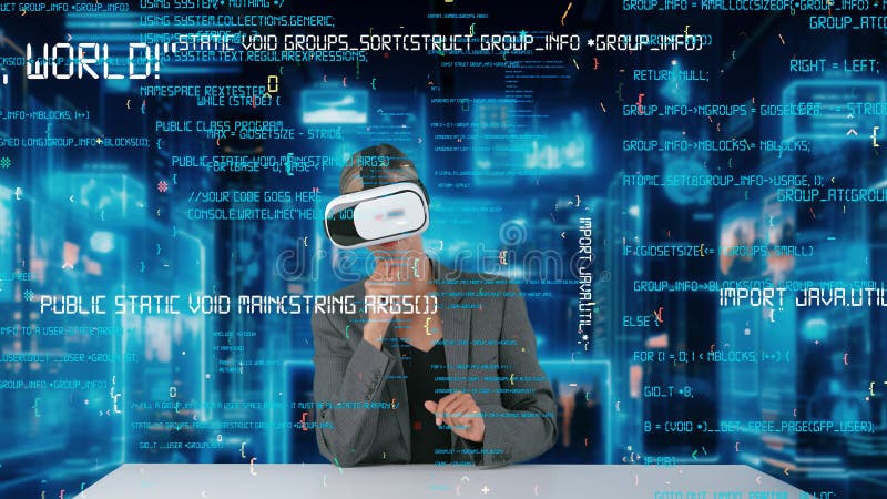 It Developer Analyzing Intelligent Coder System Running Data by VR. Contraption. Stock Image ...