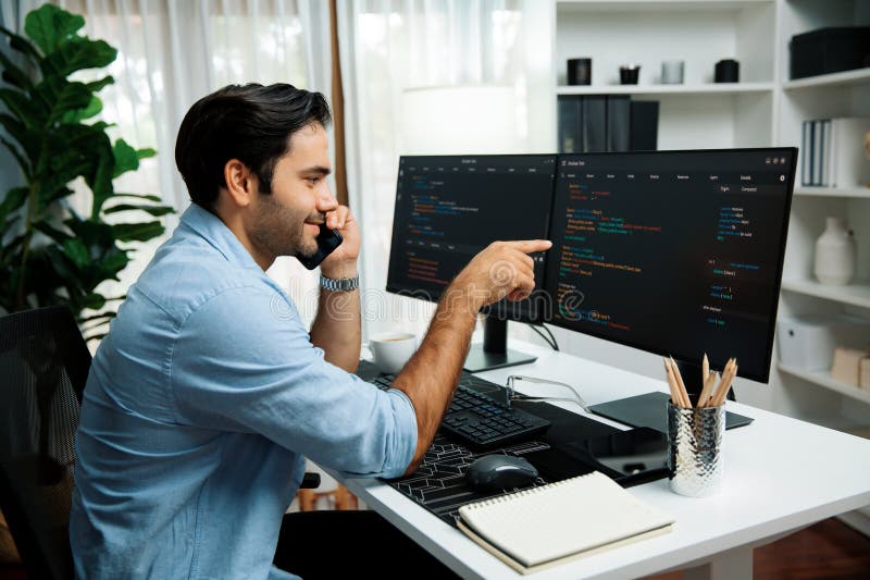 It Developer Calling To Coworker Solving Problem Coding System On Pc 2098