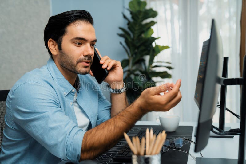 It Developer Calling To Coworker Solving Problem Coding System On Pc