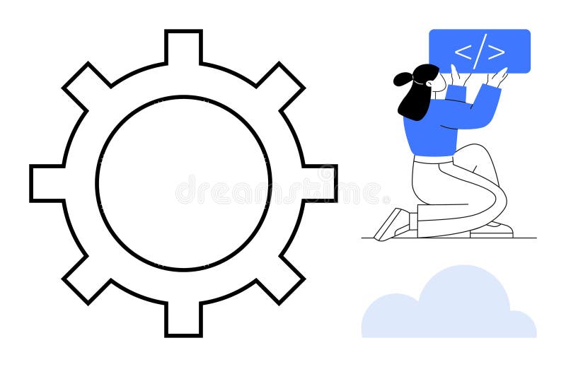 Developer Coding and Cloud Technology with Gear Outline as Progress Symbol. Woman programming on ...