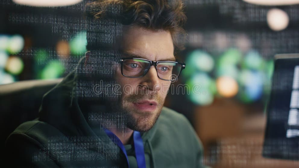 It Developer Coding Computer Data Hologram Closeup. Programer Hands Working Stock Image - Image ...
