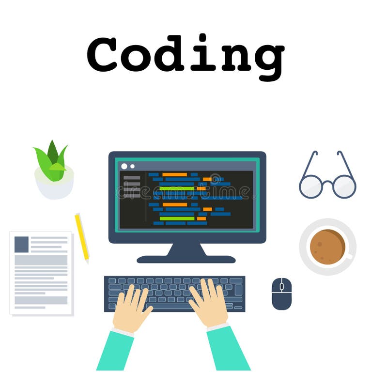Developer Coding Computer Screen, Working, Vector Flat Design ...