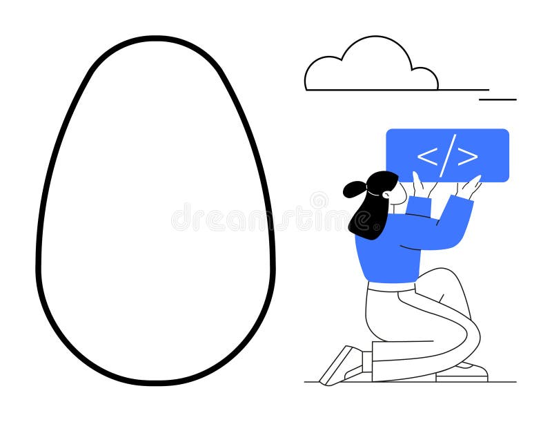 Developer Coding Interface while Kneeling Next To a Large Egg Shape and Cloud Stock Vector ...