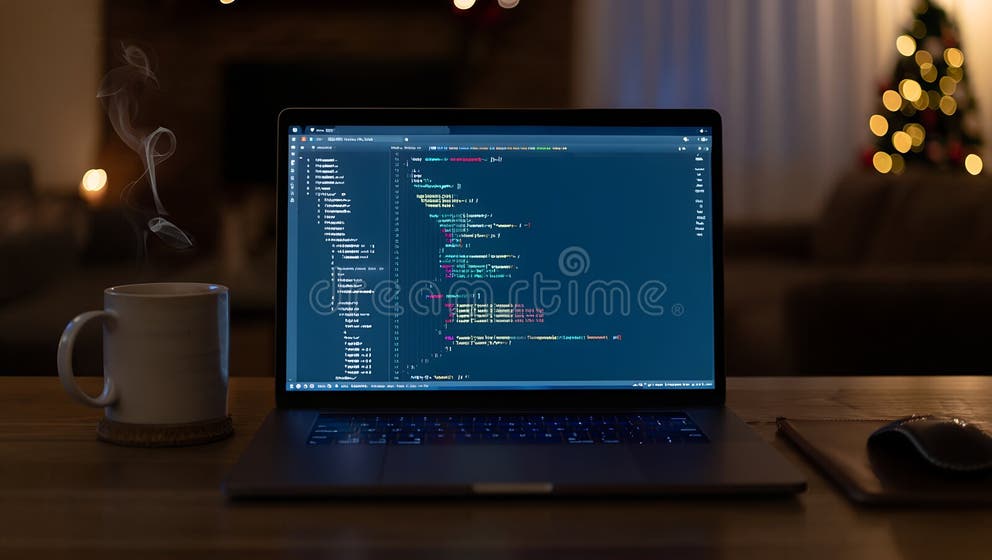 Developer Coding on a Laptop with a Cup of Coffee at Night, Screen Glow Illuminating a Dark Room ...