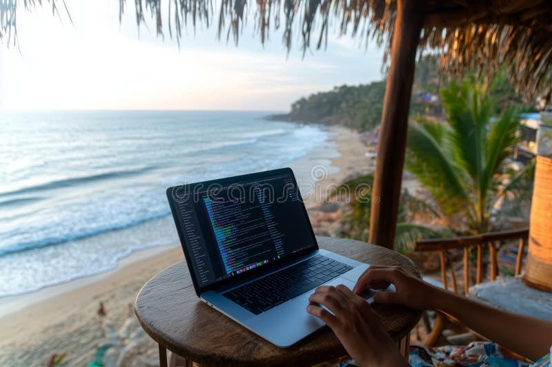 Developer Coding on Laptop at Tropical Beachside Workspace with Ocean ...