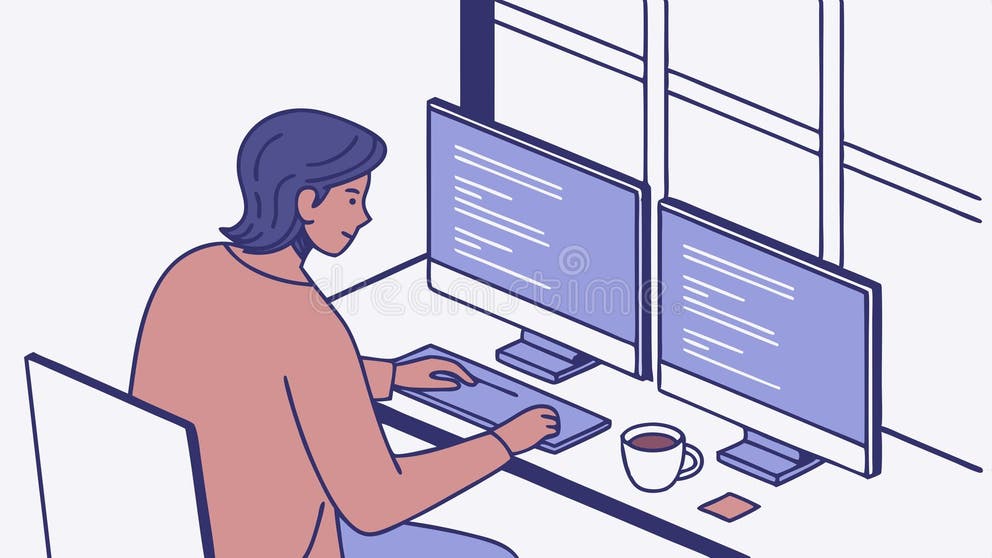 Developer Coding on Multiple Monitors Vector Illustration, Vector ...