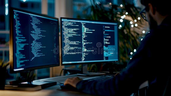 Developer Coding at Night Dual Monitors and Focused Work Environment ...