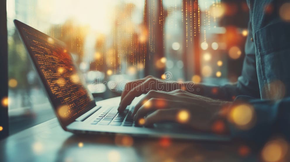 Developer Coding, Program Code Overlay, Cityscape View. Technology or Programming Concept Stock ...