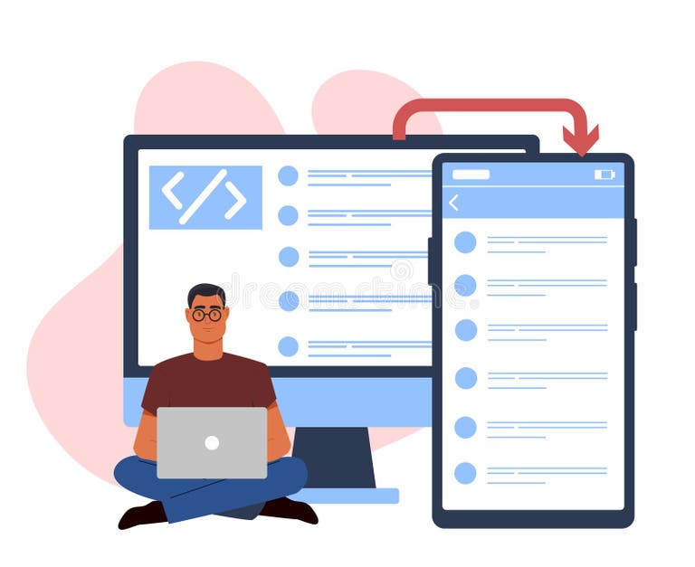 Developer Coding Responsive Mobile App. Vector Illustration Stock ...