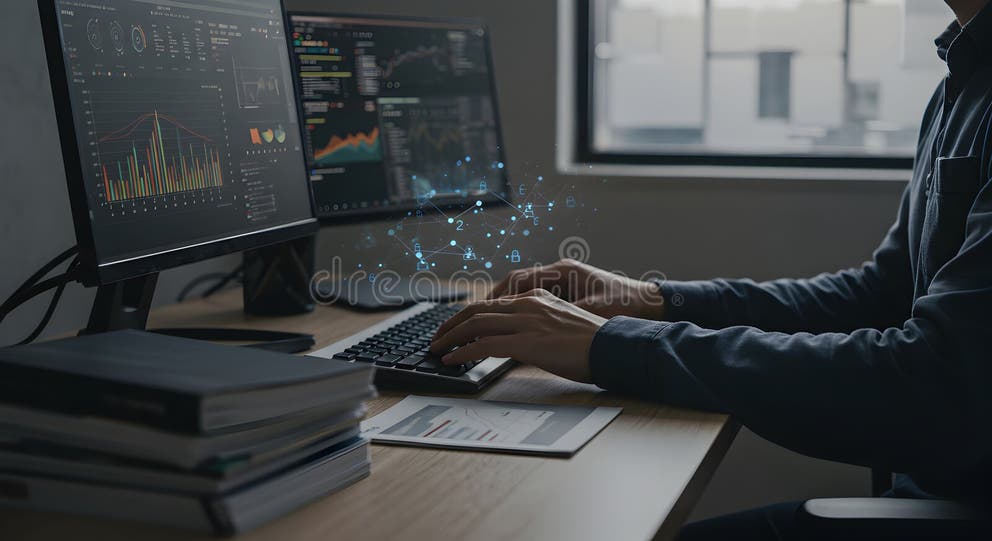 Modern Workplace: Developer Coding with Dual Monitors Displaying Data ...