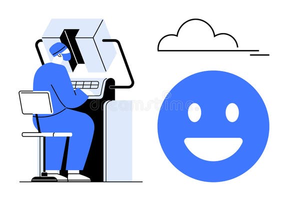 Developer Coding at Workstation with Cloud and Happy Face Highlighting ...