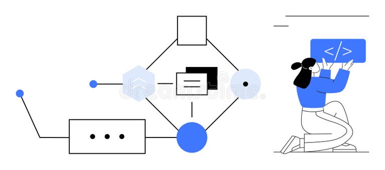 Developer Collaborating on Code with Flowchart and Process Design ...