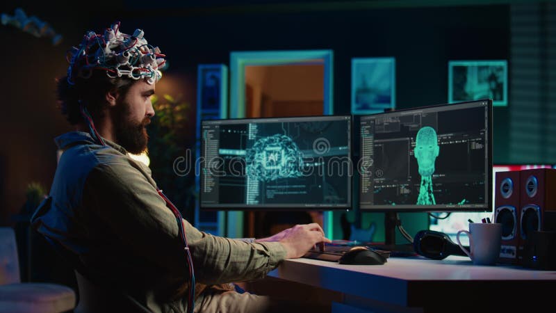 Developer with EEG Headset on Programming Brain Transfer into Virtual ...