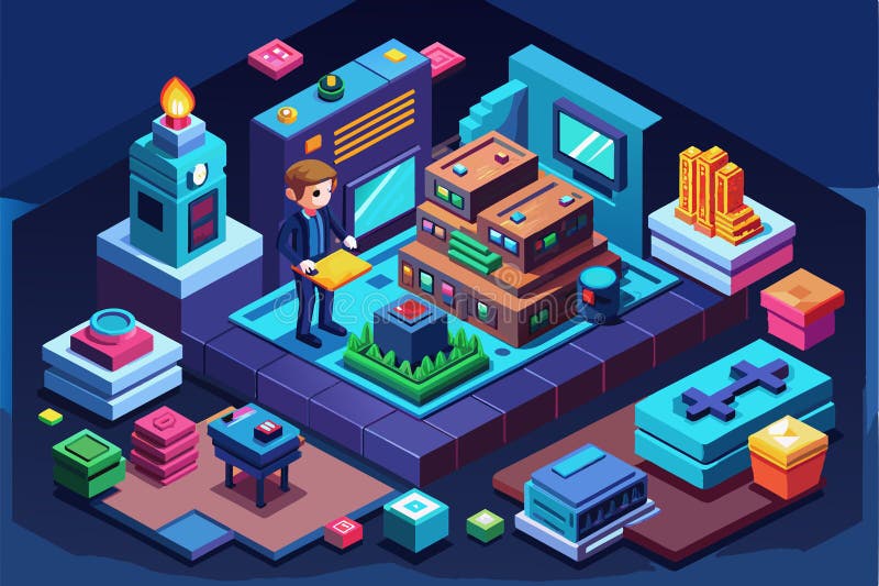 A Developer Engages with a Vibrant Isometric Environment Filled with ...