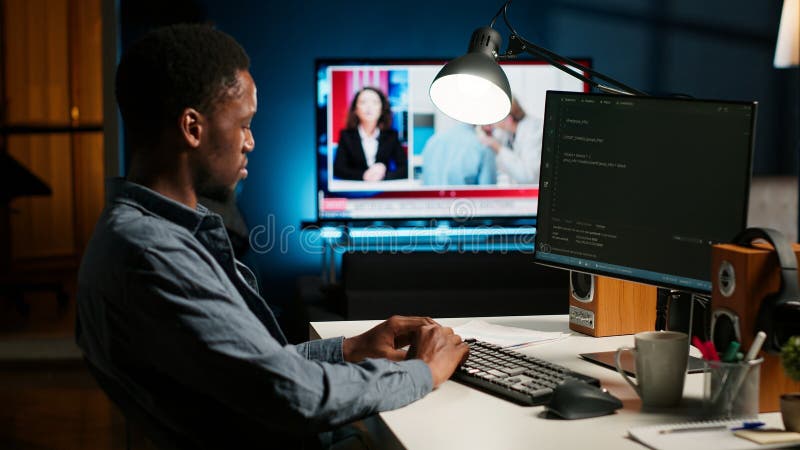 Developer Enters Binary Data on Terminal Panel while he Establishes Html Code Stock Photo ...