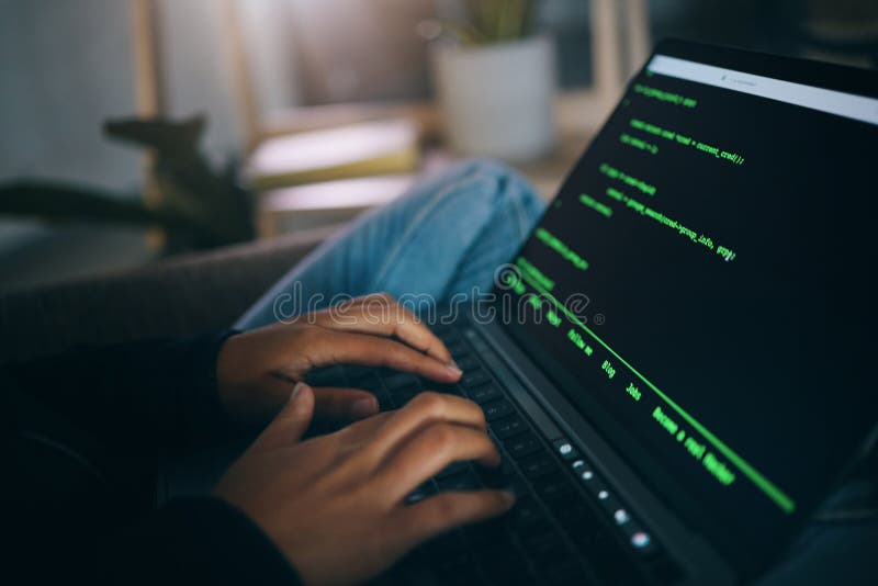 Developer Hands Code Overlay And Laptop Typing With Cybersecurity Hacker And Data Analysis