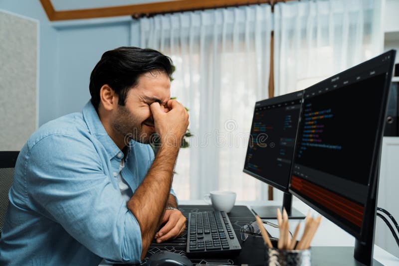 It Developer Having Eyestrain To Overwork in Development on Pc. Surmise. Stock Image - Image of ...