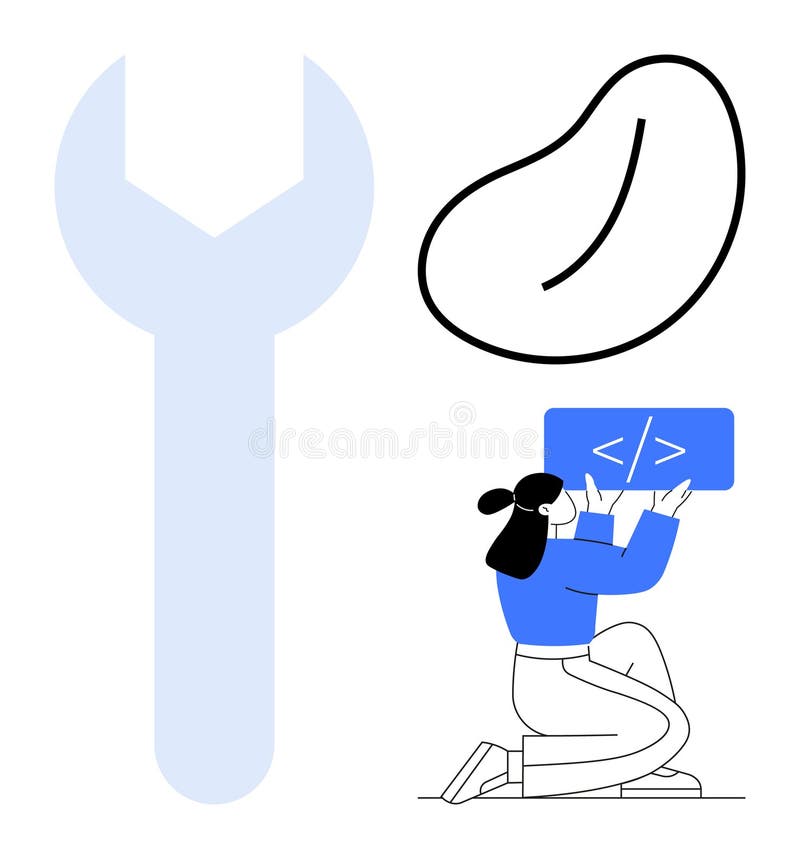 Developer Kneeling with Coding Panel and Tools Highlighting Programming and Development Stock ...