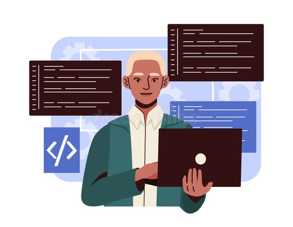 Developer with Laptop and Code Blocks. Vector Illustration Stock Vector ...