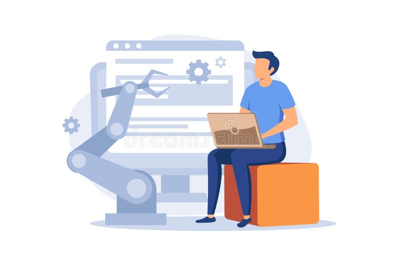 Developer at Laptop and Computer with Open Robotic Soft. Stock Vector - Illustration of cartoon ...