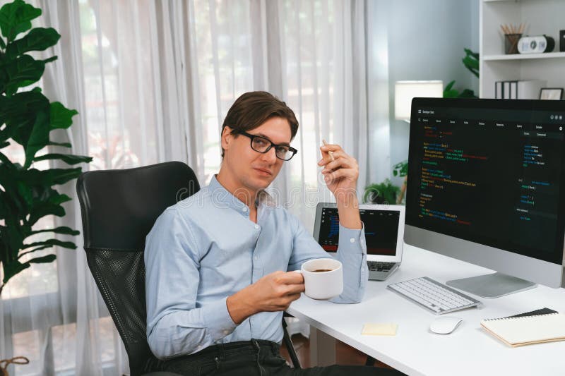 It Developer Looking Camera, Holding Coffee Cup with Coding on Pc. Pecuniary. Stock Image ...