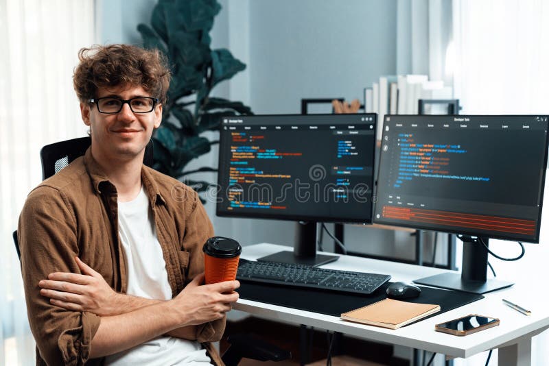It Developer Looking at Camera and Holding Coffee Cup. Gusher. Stock Photo - Image of focus ...