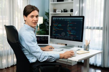 It Developer Looking Camera with Online Software Development. Pecuniary ...