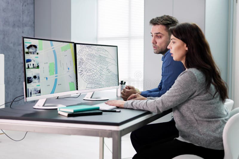 Developer Looking at Land Plot Map Stock Photo - Image of plot, monitor ...