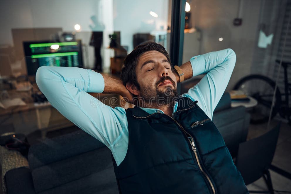 Developer Man, Relax or Peace in Home Office with Hand on Head for ...