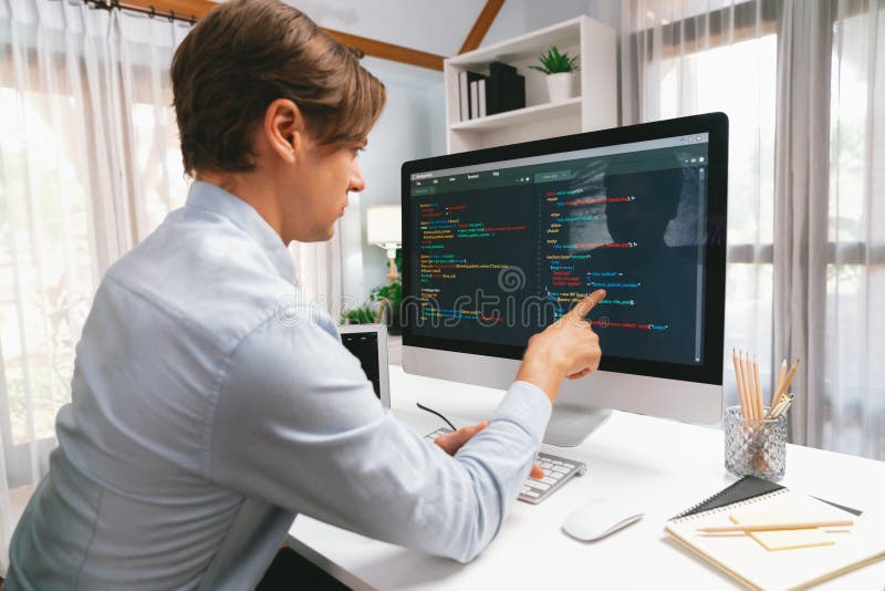 It Developer Pointing on Coding Software on Pc Comparing Laptop. Pecuniary. Stock Image - Image ...
